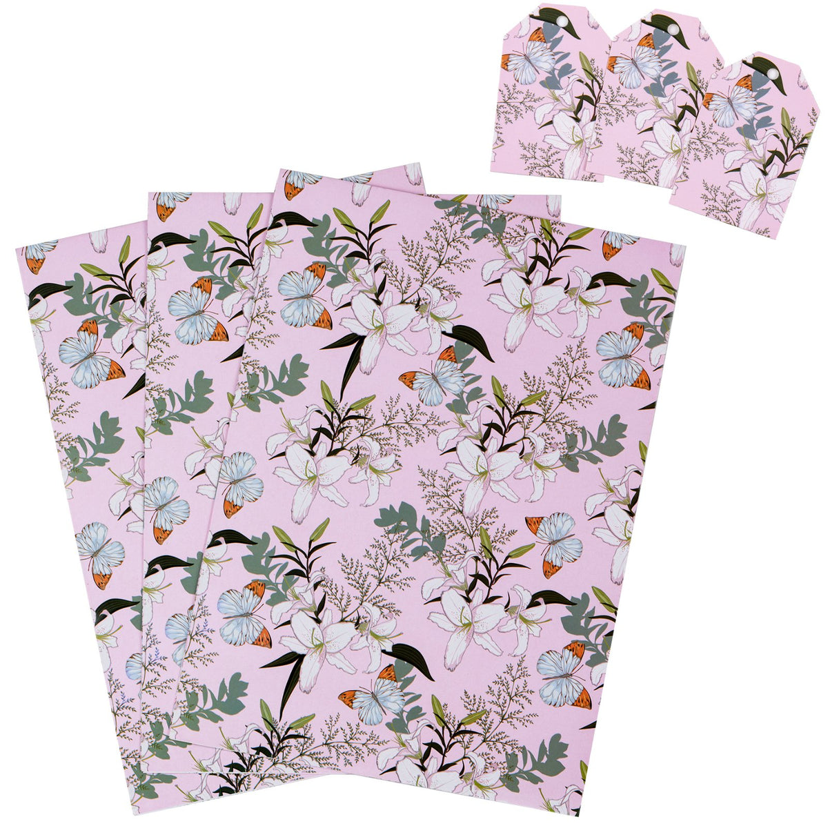 Pink Floral Gift Wrapping Paper Sheet Set - 3 Flat Sheets & 3 Gift Tag ...