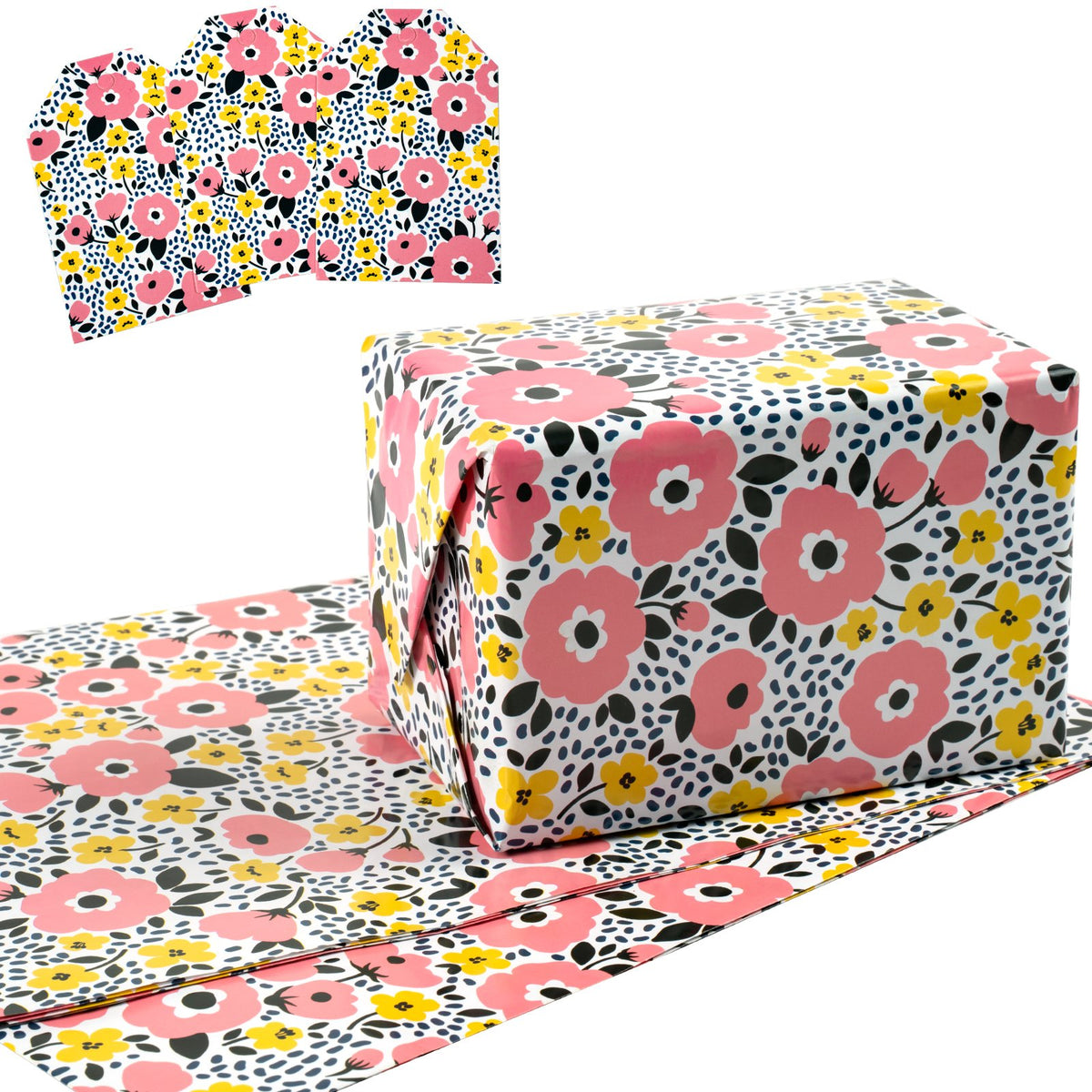 Pink Flower Gift Wrapping Paper Sheet Set - 3 Flat Sheets & 3 Gift Tag ...