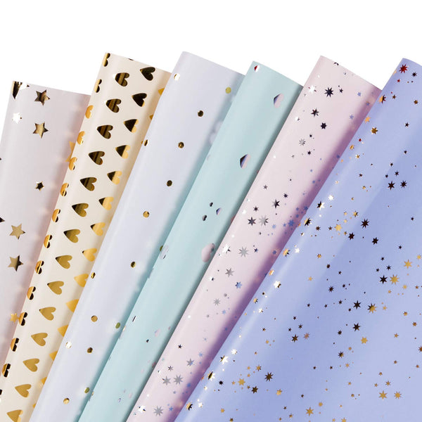 Stars Gift Wrap Paper Sheet 6pcs/Roll Pastel with Gold Foil ...